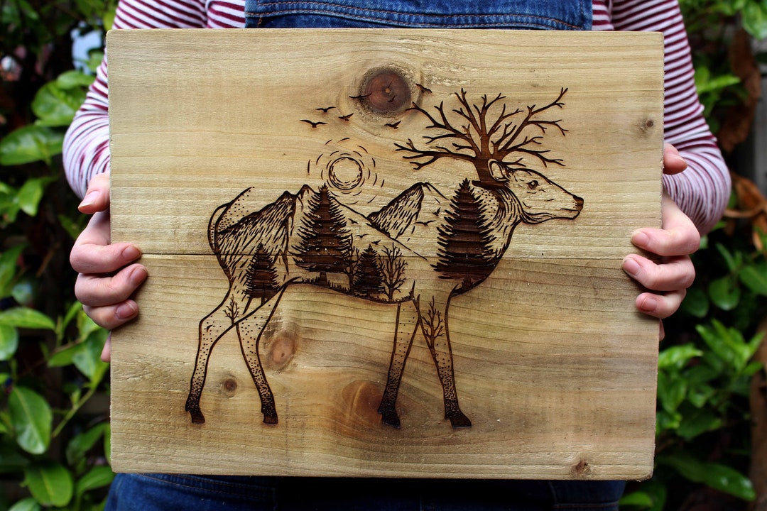 Deer Forrest Wooden Art Rustic Handmade Wood Burning Unique Poster ...