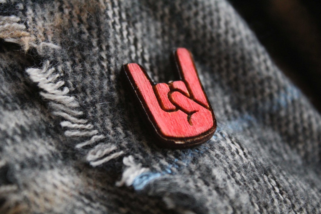 Rock Hand Wooden Pin Badge Music Lover Rocker Rock N Roll Funny Pin ...