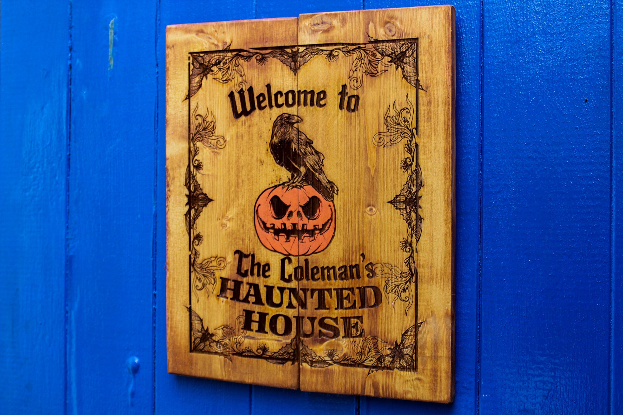 Personalised Haunted House wooden sign Halloween family name | Etsy