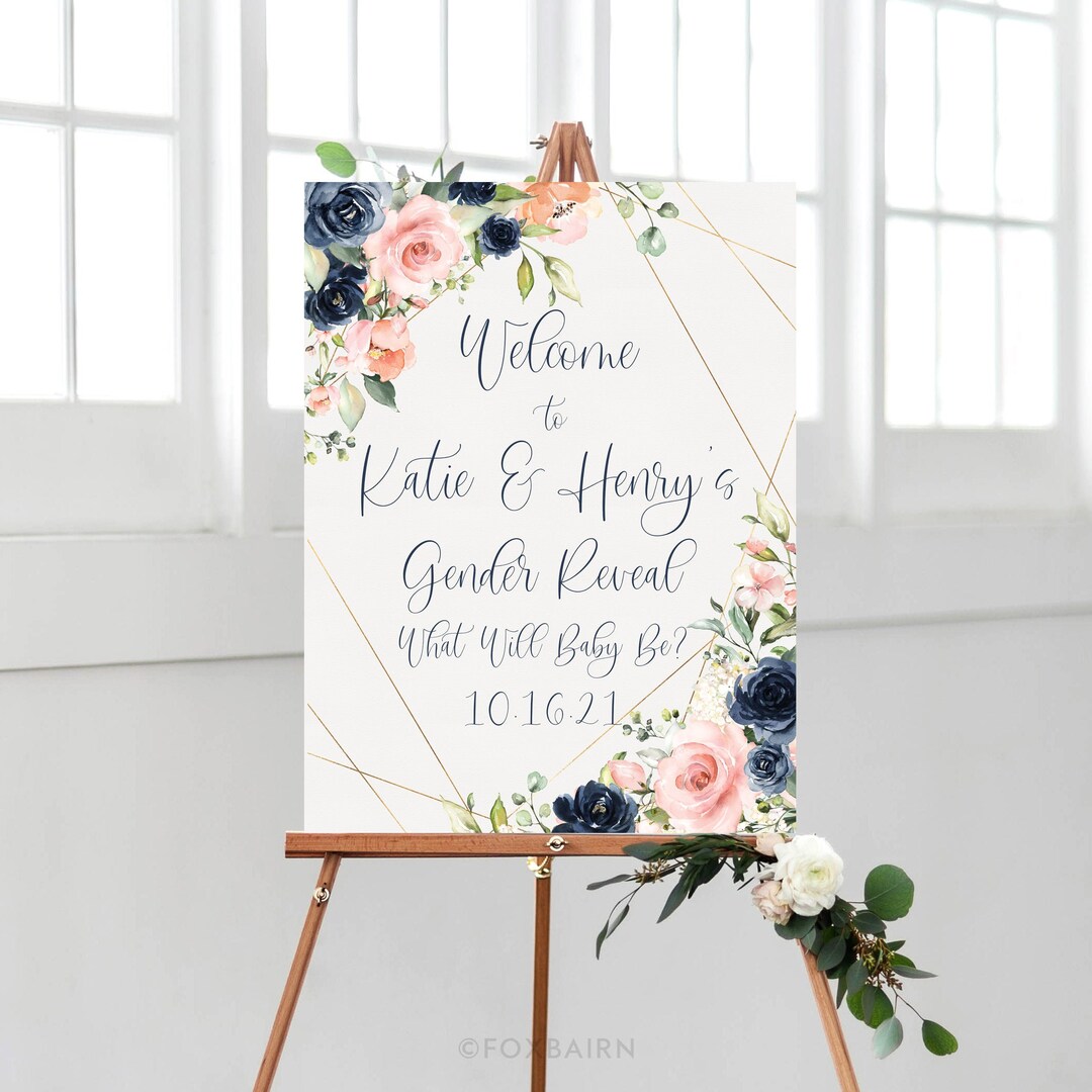 Geometric Rose Gender Reveal Welcome Sign, Blush Navy and Gold Floral ...