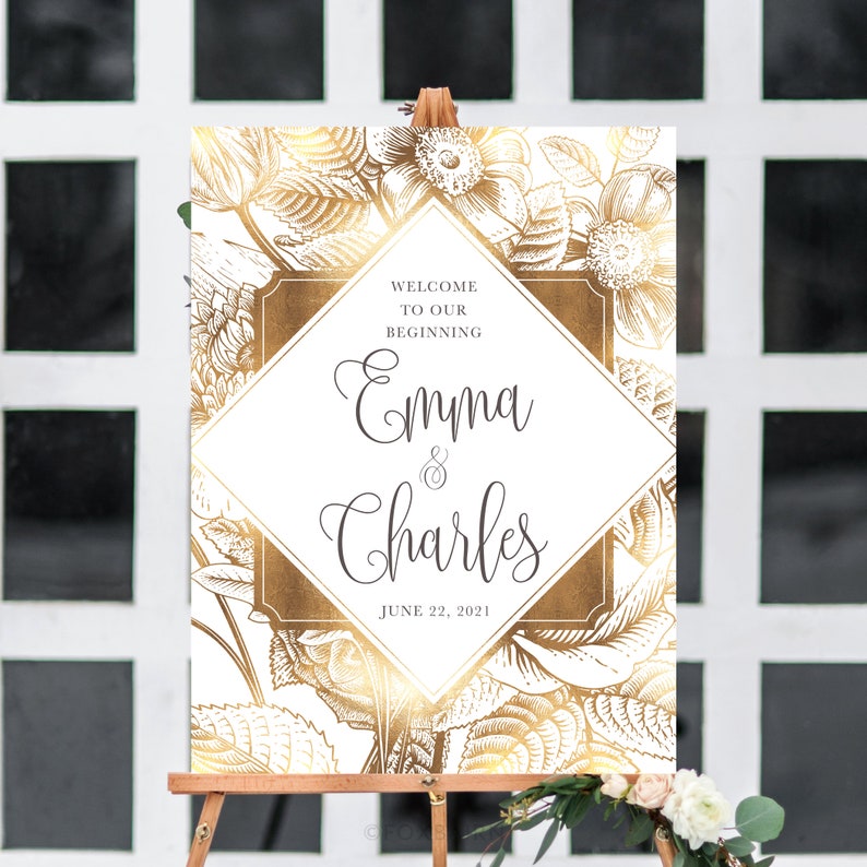 Gold Floral Wedding Welcome Sign Classic Glam Personalized | Etsy