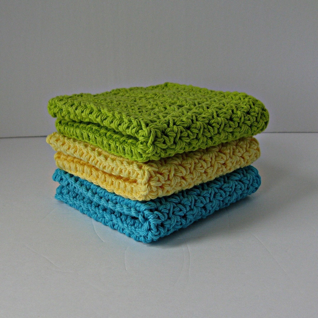 Crochet Dishcloths Set in Lime Green Yellow Turquoise Blue, Eco ...