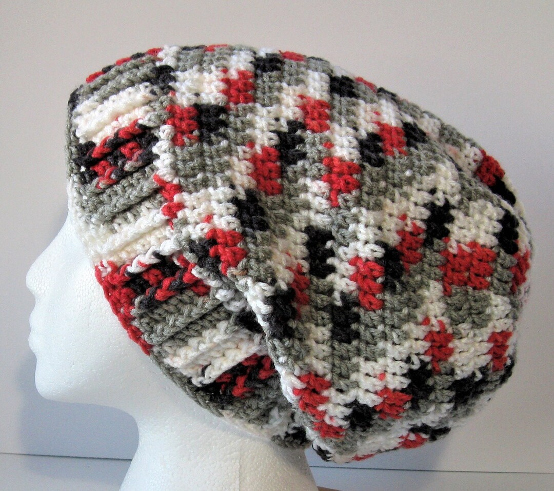 Womens Red Gray Black Cream Crochet Slouchy Hat, Womens Multicolor Hat ...