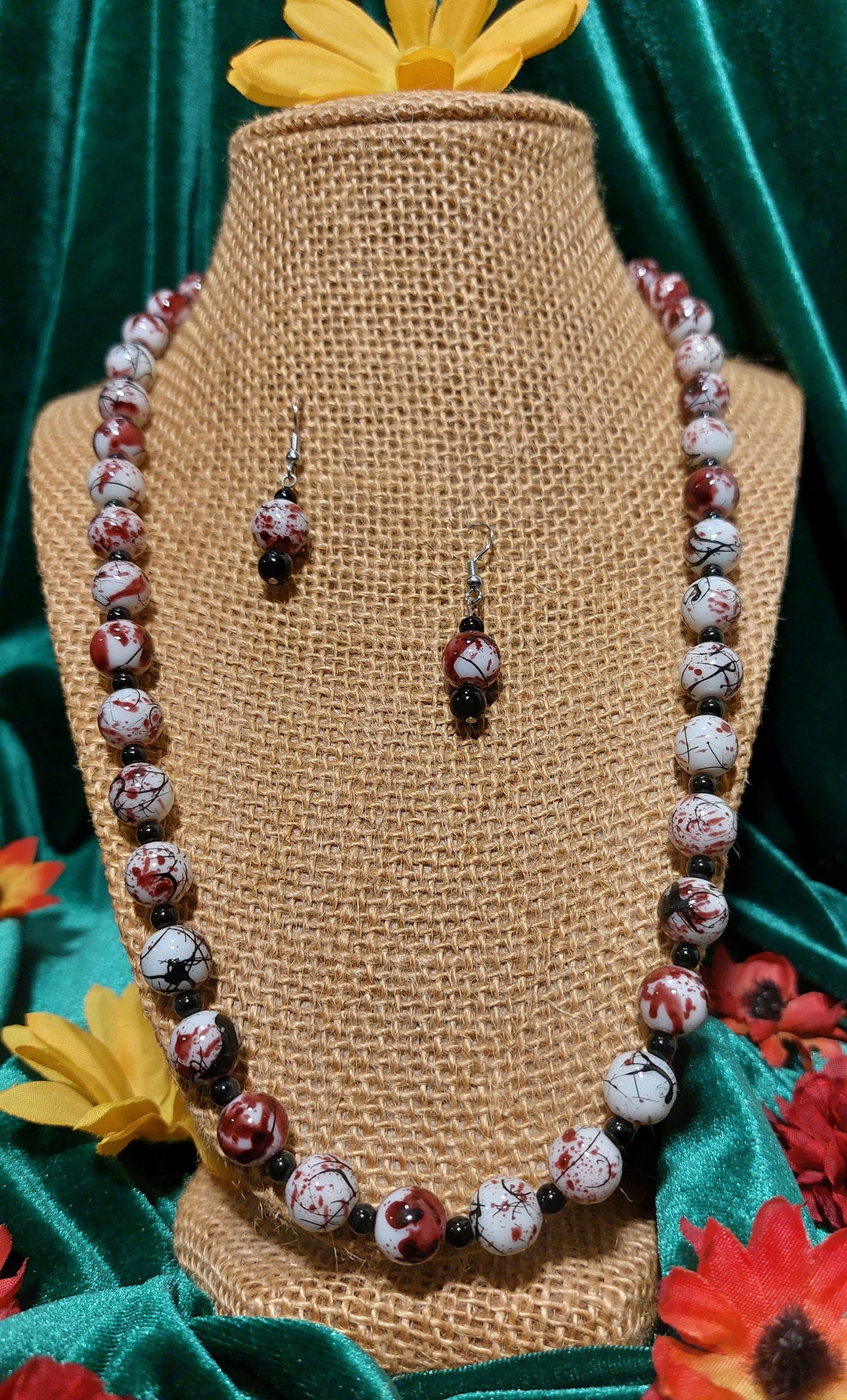 Set of "blood-splattered Pearls" Necklace and Earrings *glass Beads* - Etsy