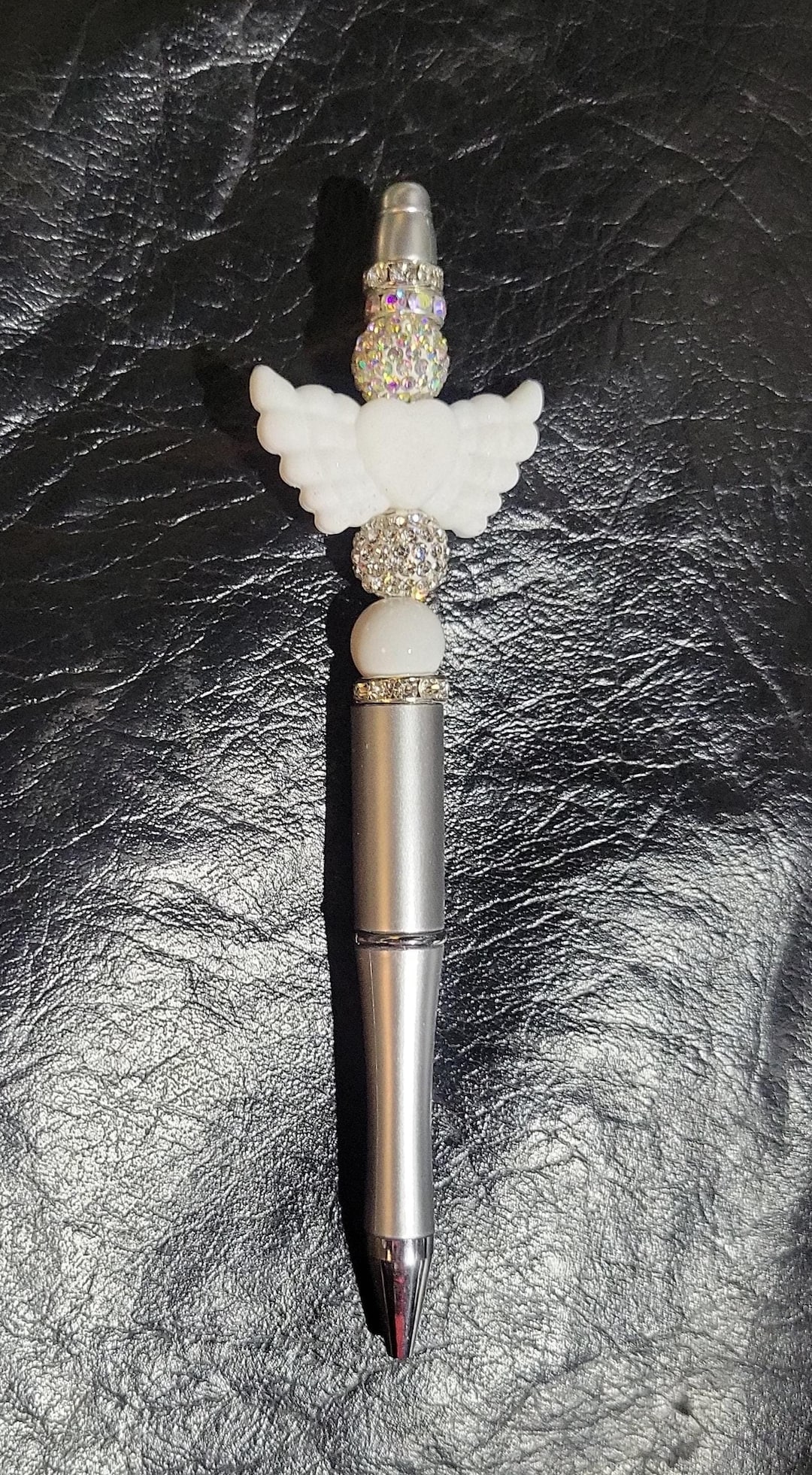 Angel Wings Pen - Pen - Black Ink - Charm White and Silver Bead Beaded ...