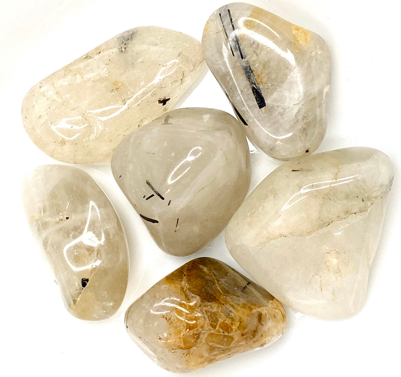 6 White Quartz Stones With Black Tourmaline Inclusions | Tumbled ...