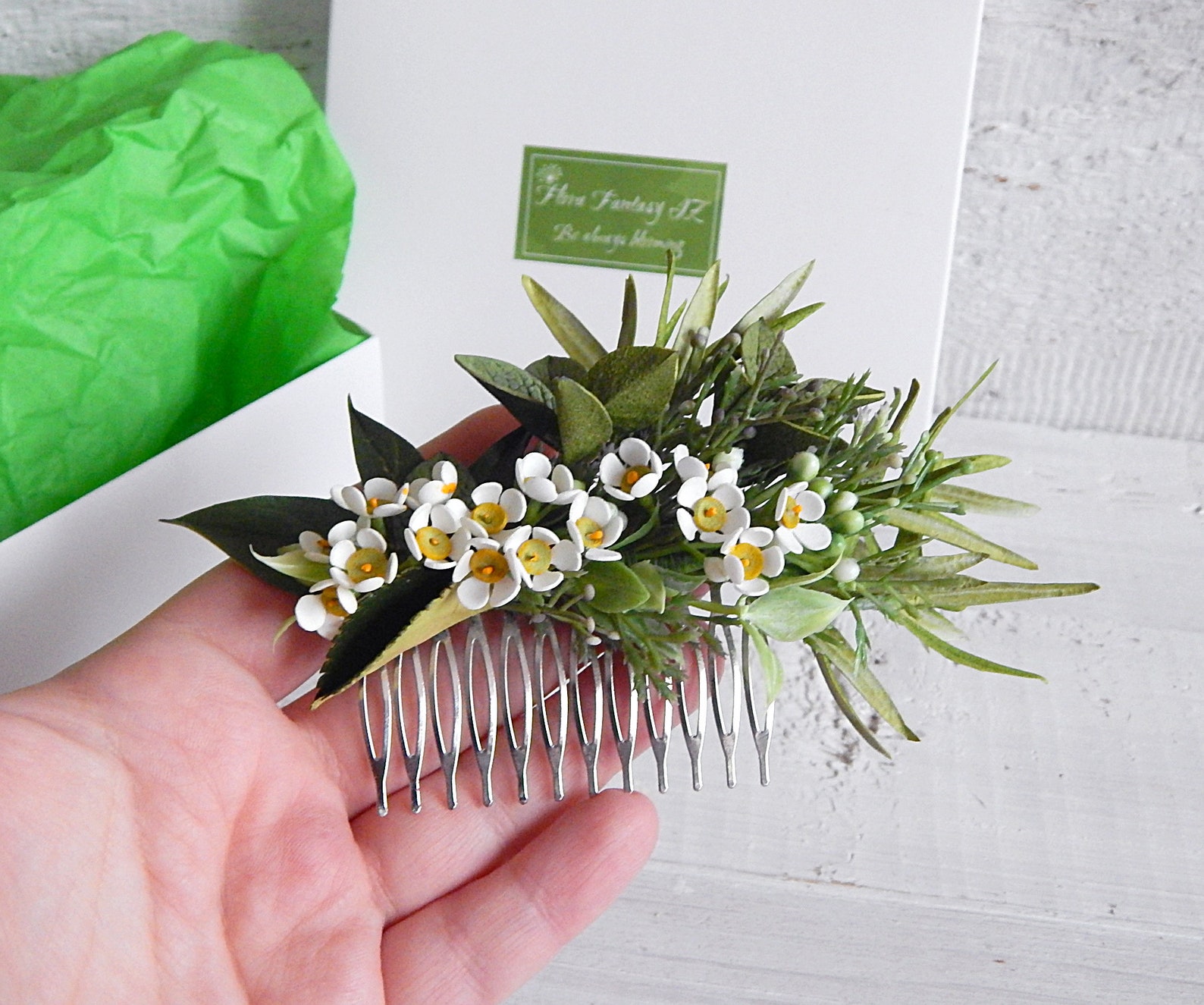 White Green Flower Hair Comb Greenery Wedding Hair Comb Bridal - Etsy