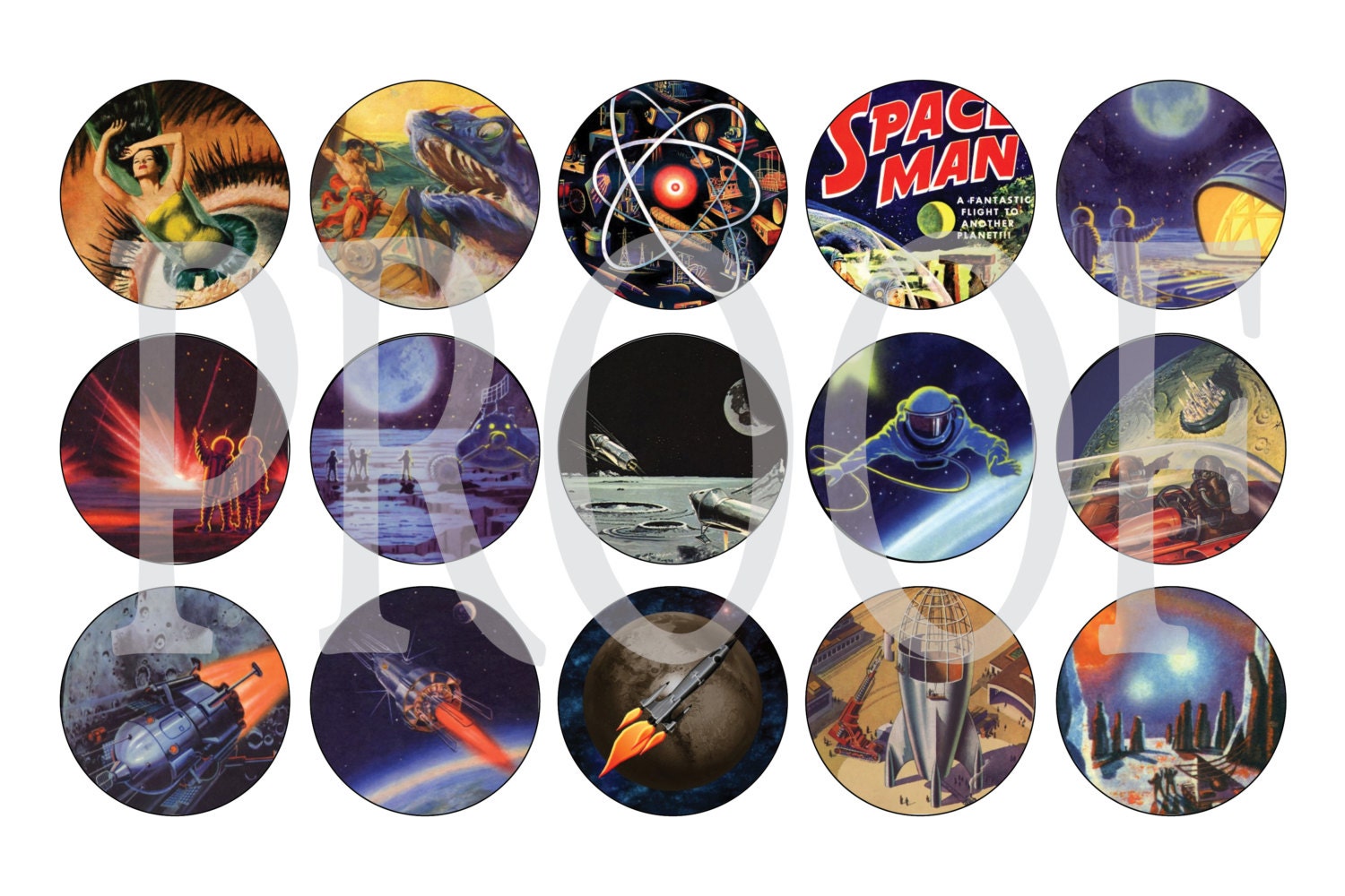 Digital Bottle Cap Image Sheet - Retro Sci Fi - 1 Inch Digital Collage ...