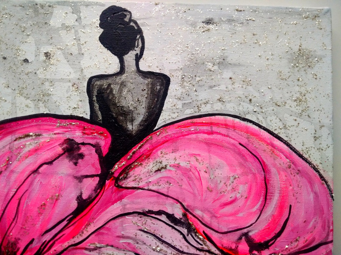 Bright Pink Dress, Fashion Illustration, Acrylic Painting, Bright ...