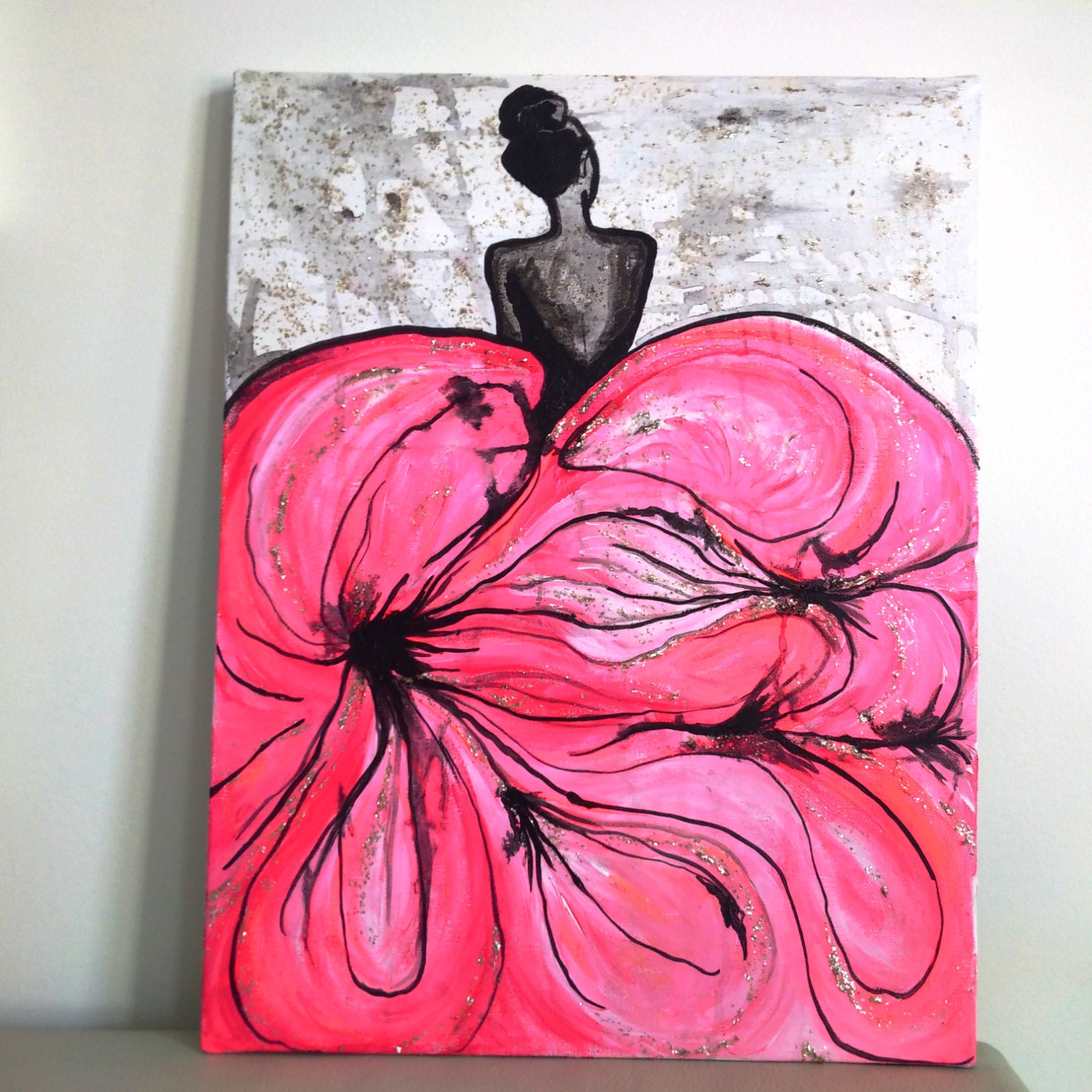 bright-pink-dress-fashion-illustration-acrylic-painting-etsy