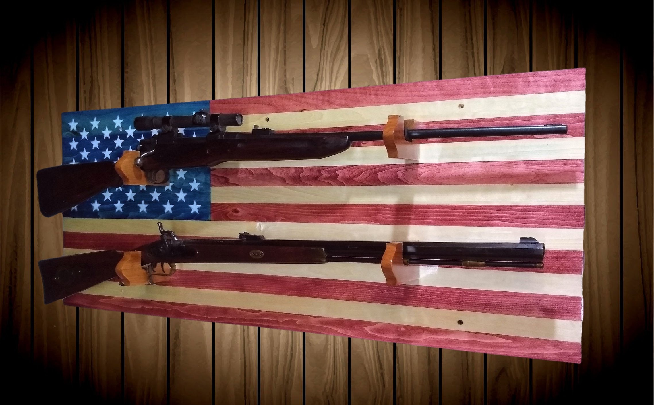American Flag Gun Rack 2 Place Aspen Wood Wall Mount Rifle Shotgun ...
