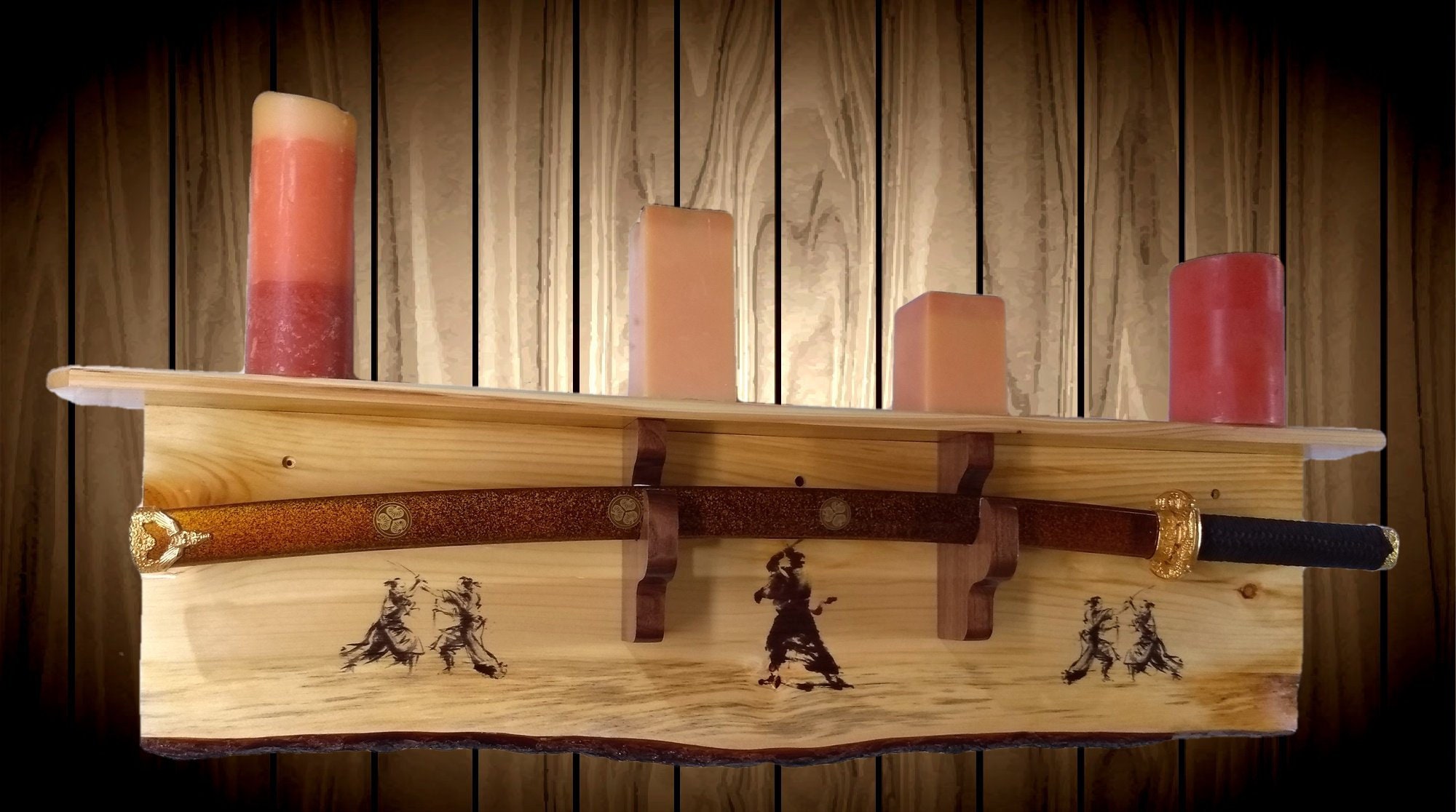 Bushido Sword Rack with Shelf Samurai Katana Bokken Wall Display Rustic ...