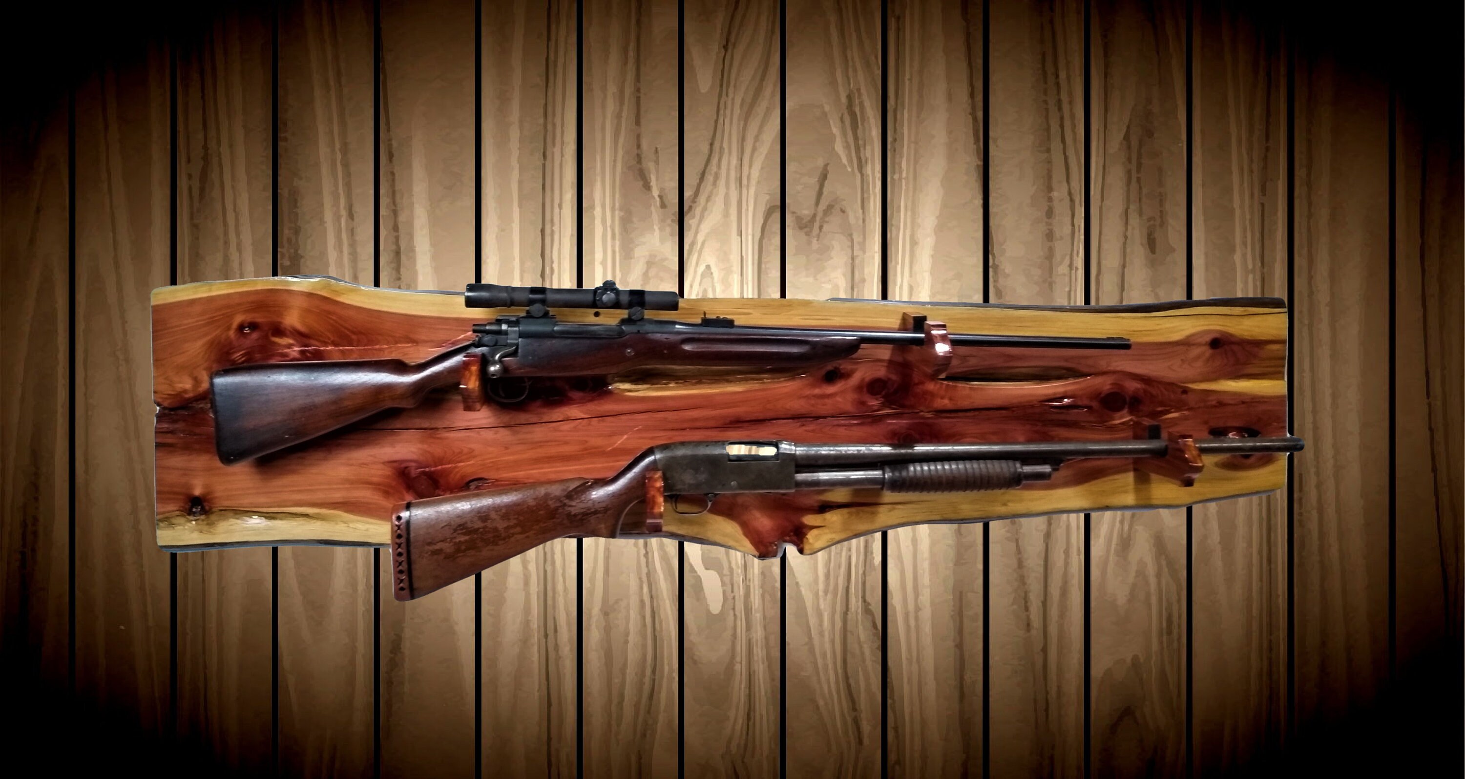 Rustic Raw Nature 2 Place Gun Rack, Wall Mount, Live Edge Knotty Cedar ...