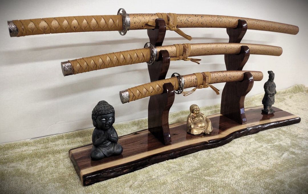 Beautiful Rustic Live Edge 3 Tier Walnut Katana Wakizashi Tanto Sword ...