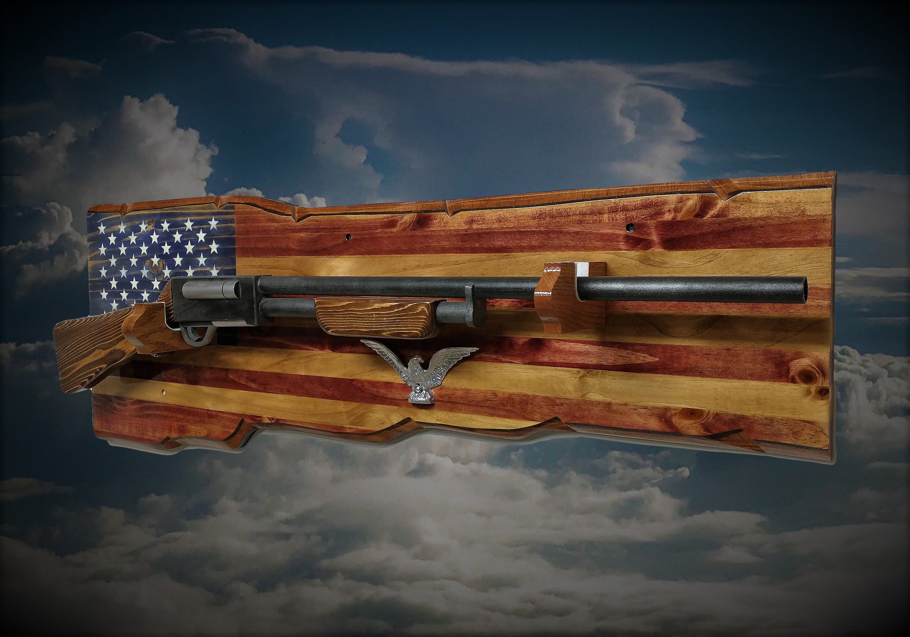 Rustic Flag Gun Rack Rifle Shotgun Display Vintage Military Patriotic ...