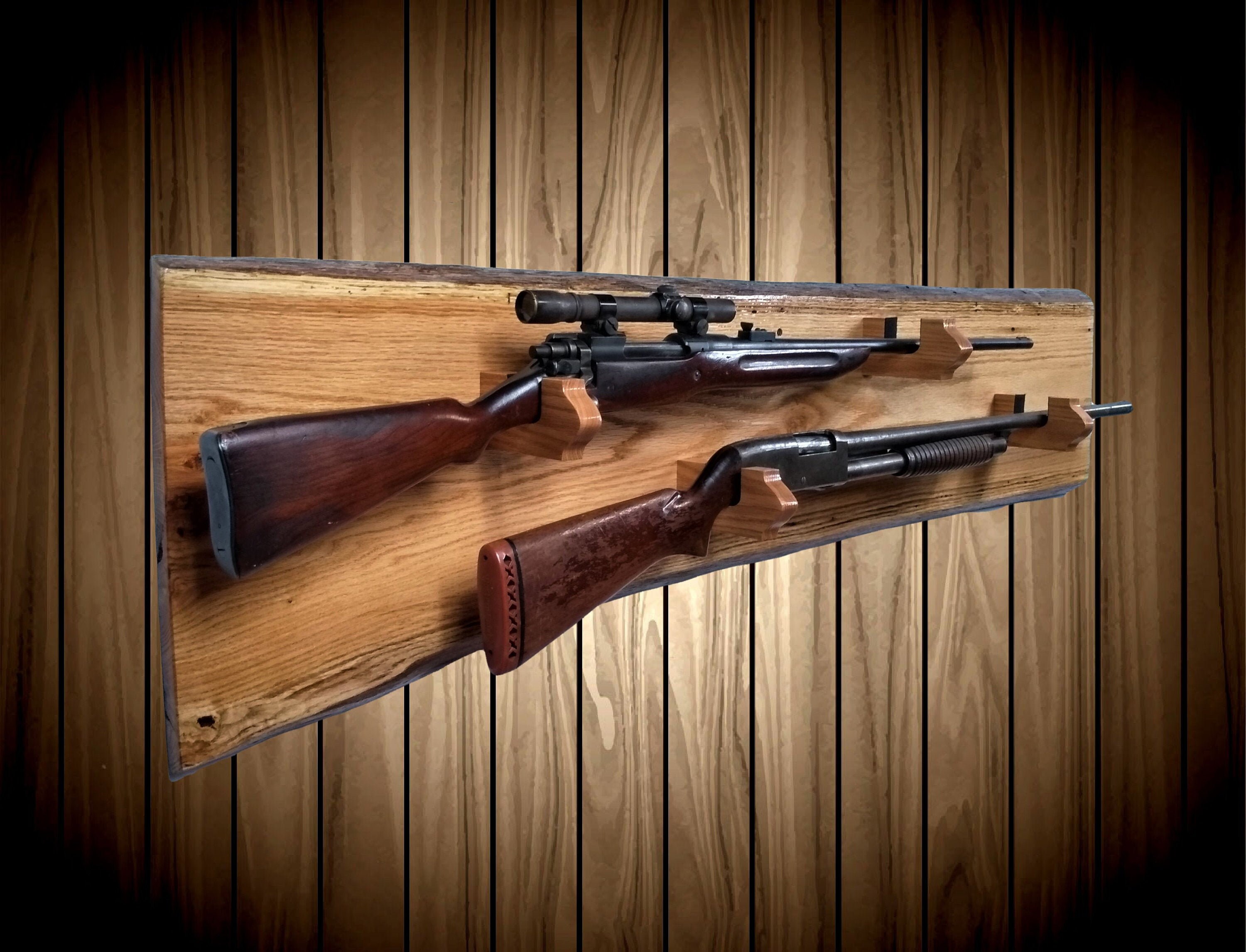 Rustic Oak Gun Rack, Live Edge 2 Gun Display, Rifle Shotgun Hunting ...
