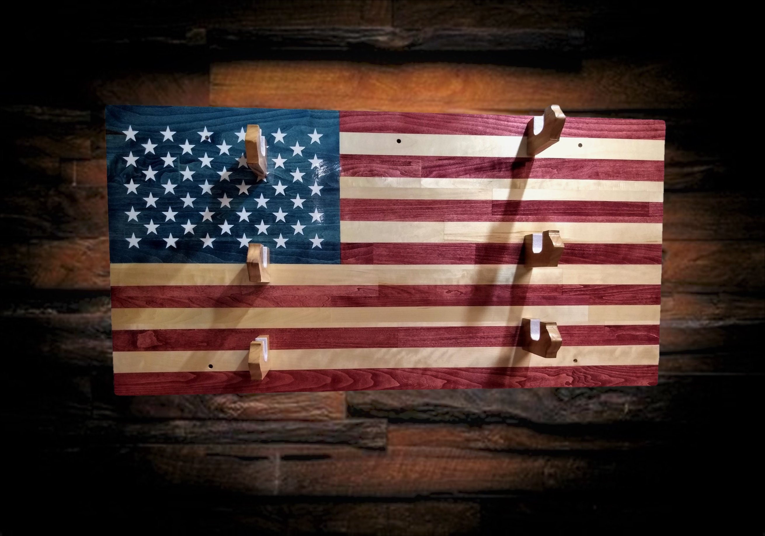 American Flag Gun Rack 3 Place Aspen Wood Wall Mount Rifle Shotgun ...