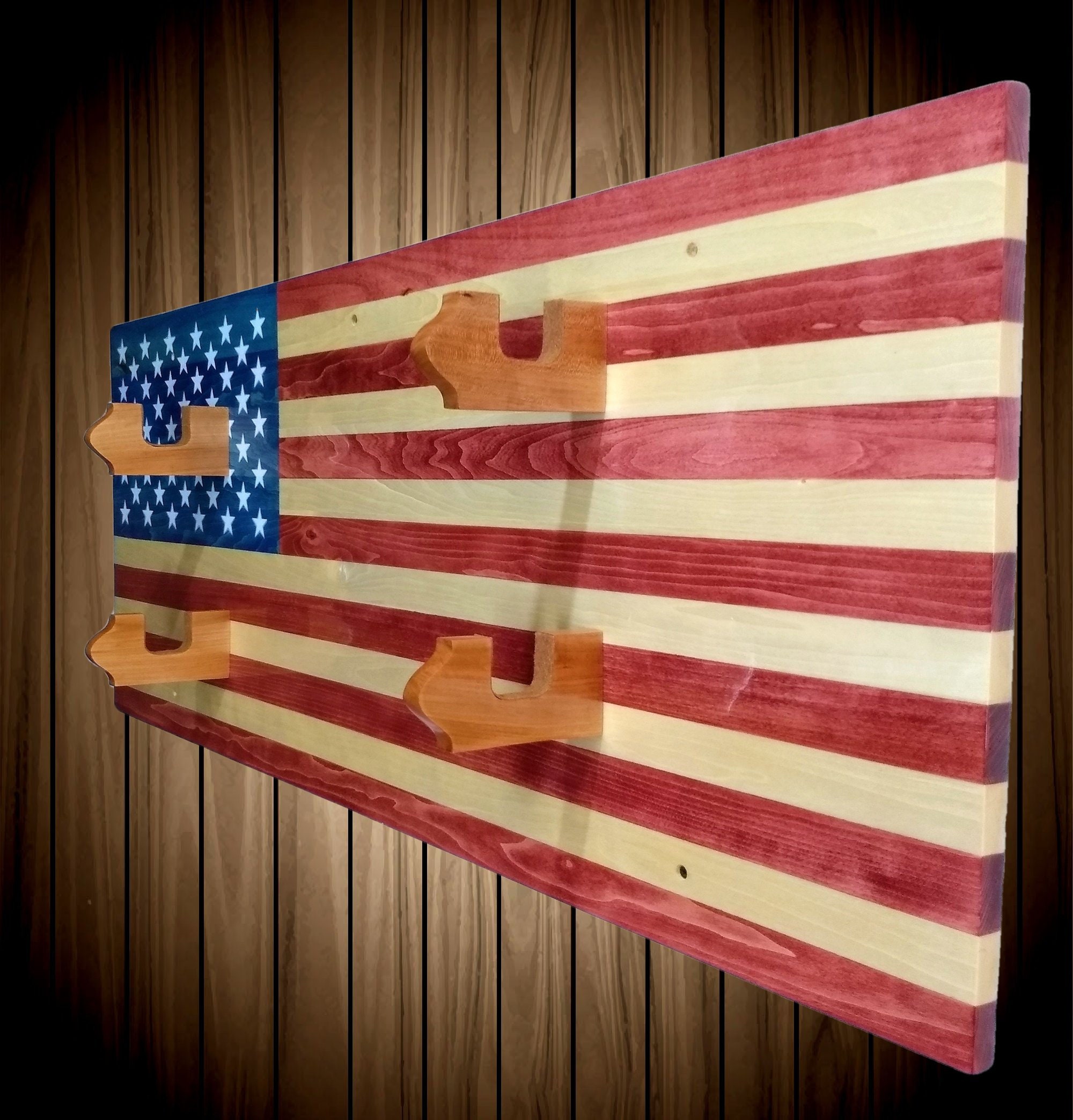 American Flag Gun Rack 2 Place Aspen Wood Wall Mount Rifle Shotgun ...