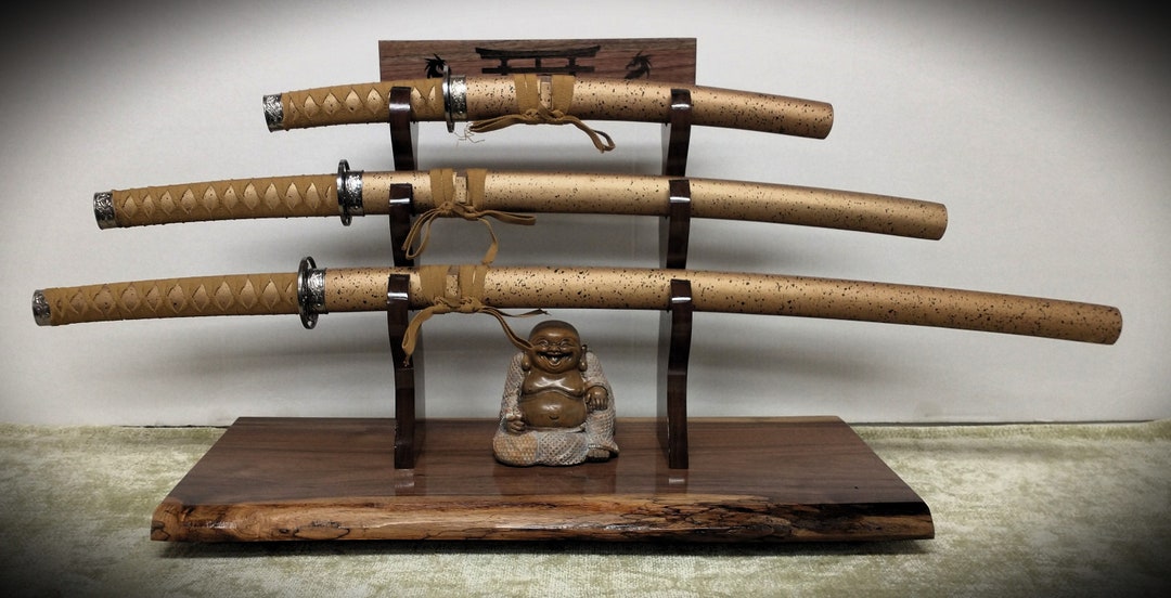 Rustic Live Edge 3 Tier Beautiful Dark Walnut Japanese Samurai Sword ...