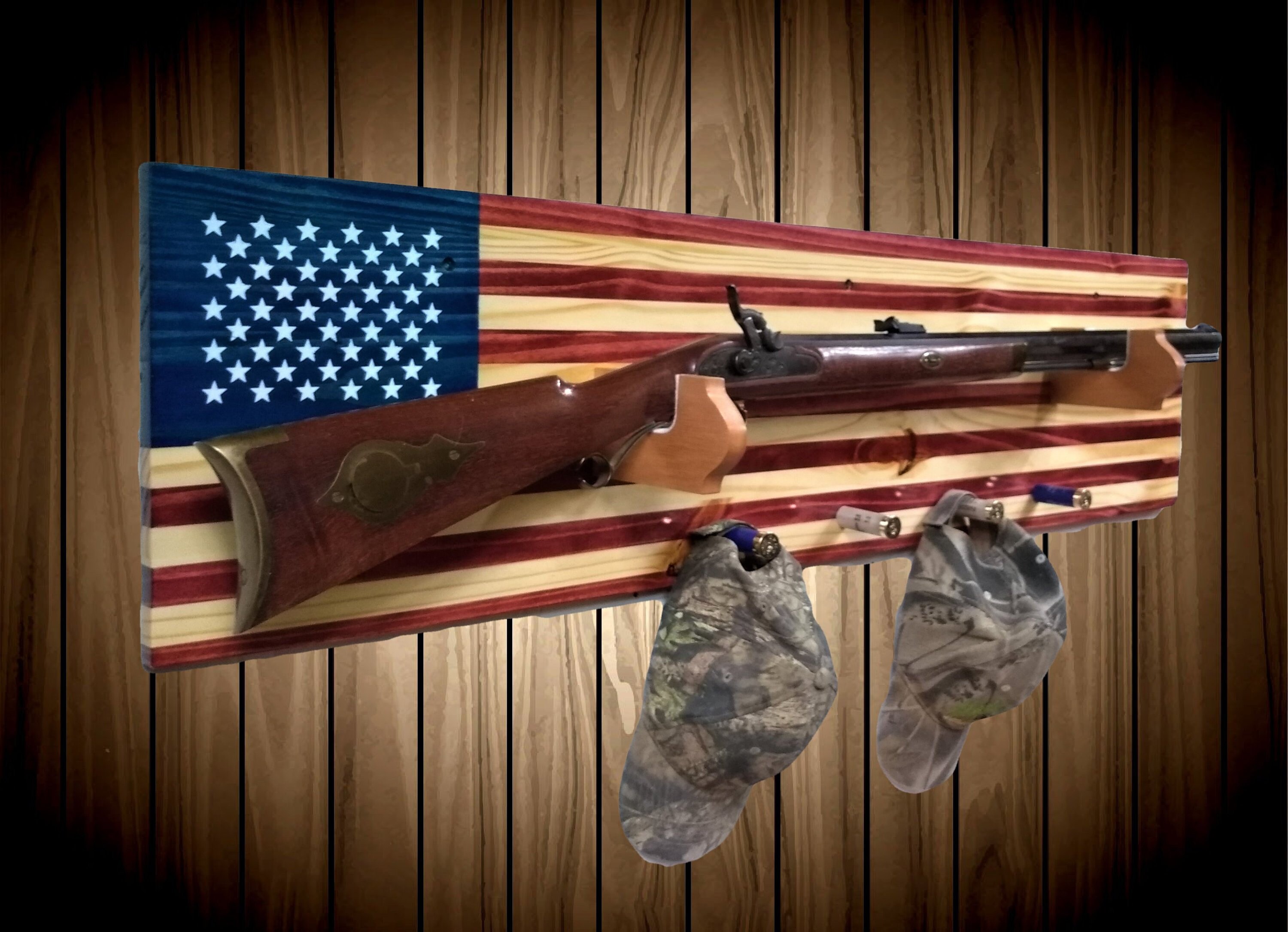 Old Glory American Flag Gun Rack Knotty Pine Wall Mount Rifle Shotgun ...