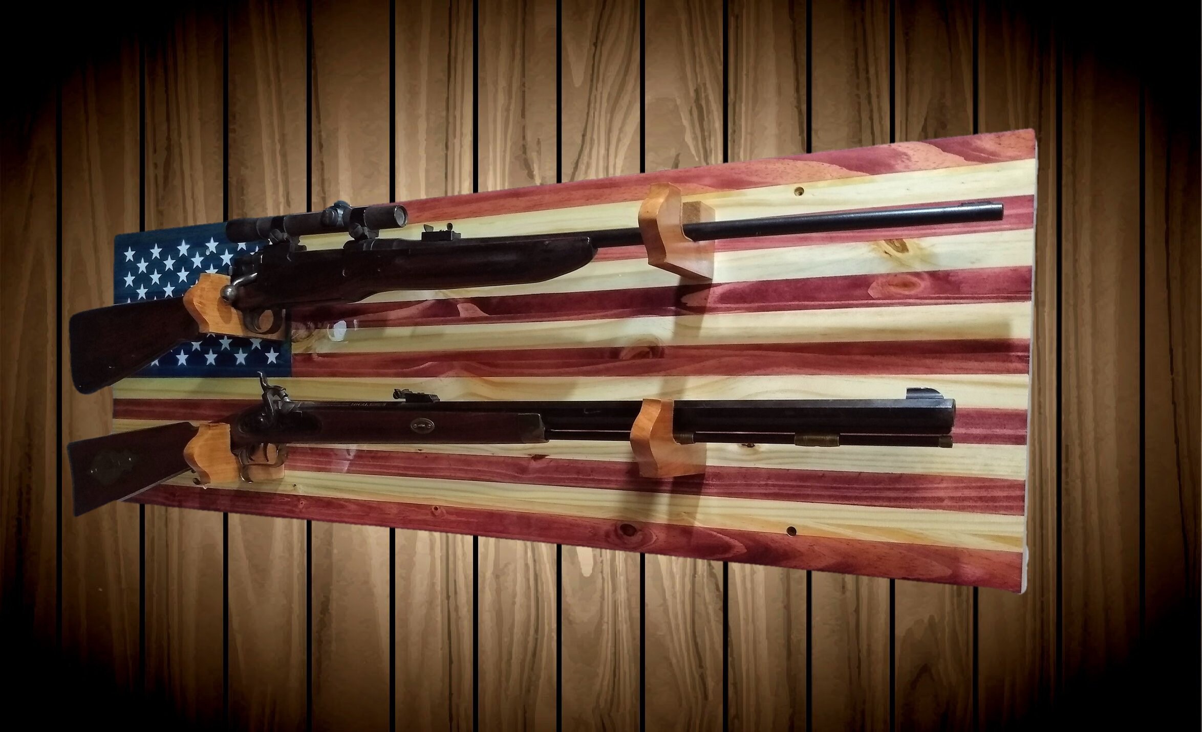 2 Place American Flag Gun Rack Knotty Pine Rifle Shotgun Handmade ...