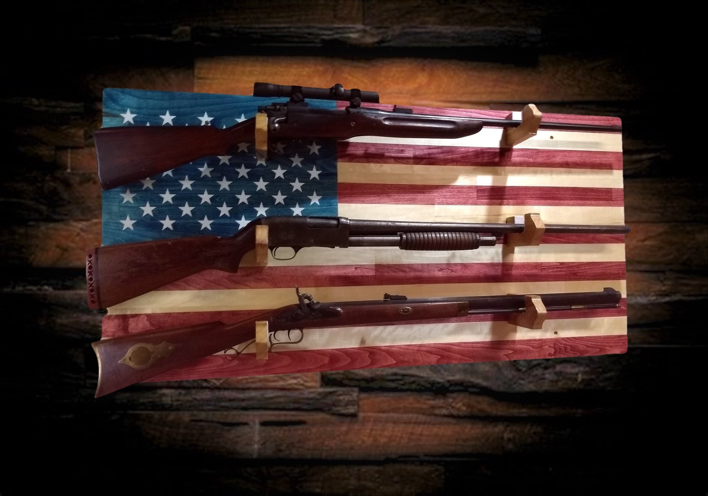 American Flag Gun Rack 3 Place Aspen Wood Wall Mount Rifle Shotgun ...