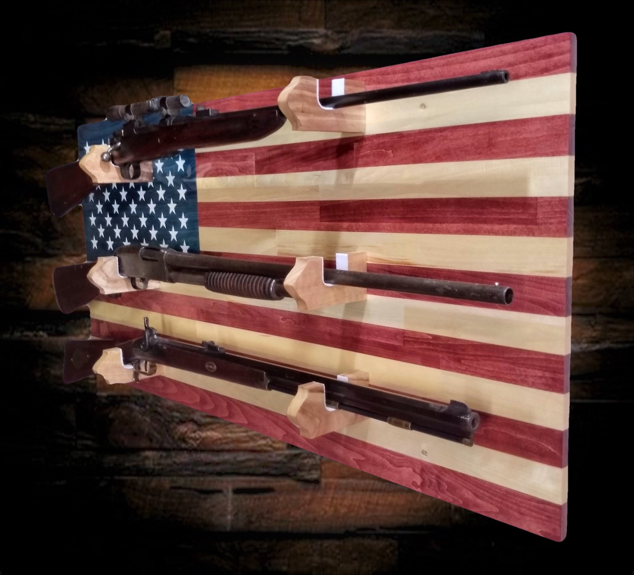 American Flag Gun Rack 3 Place Aspen Wood Wall Mount Rifle Shotgun ...