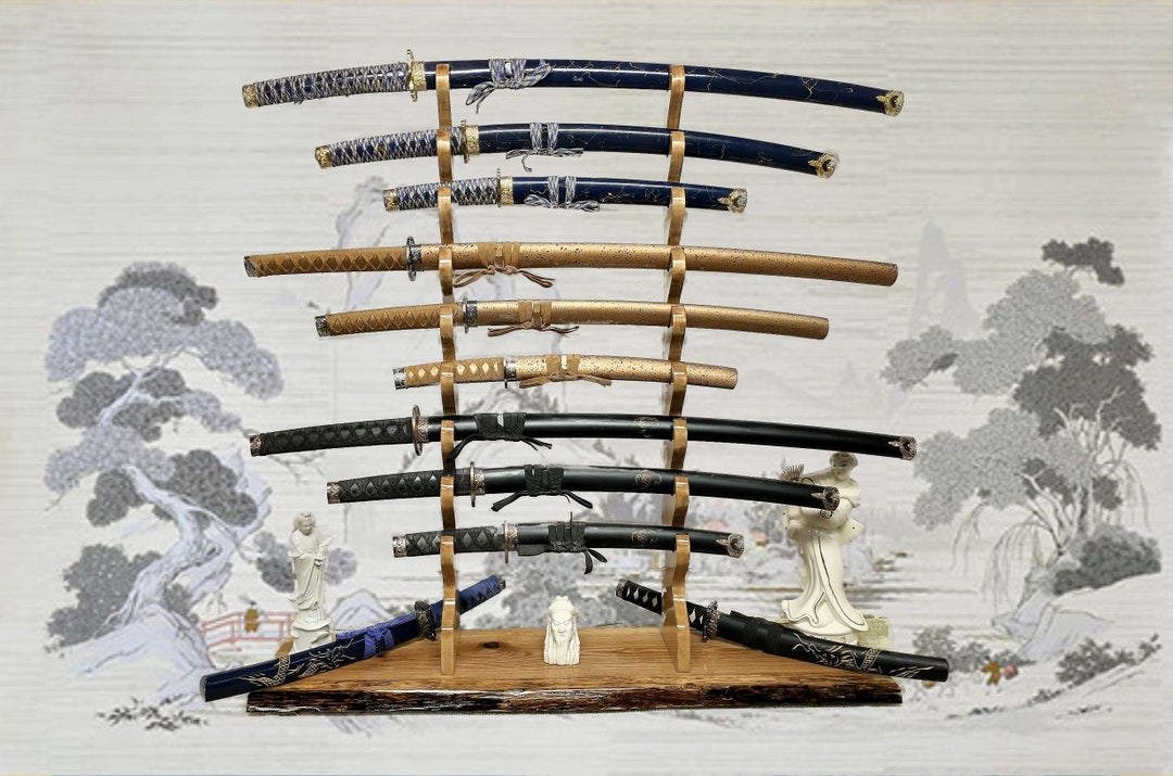 Large 9-tier Katana Wakizashi Sword Stand Swamp Oak Maple Display Dojo ...