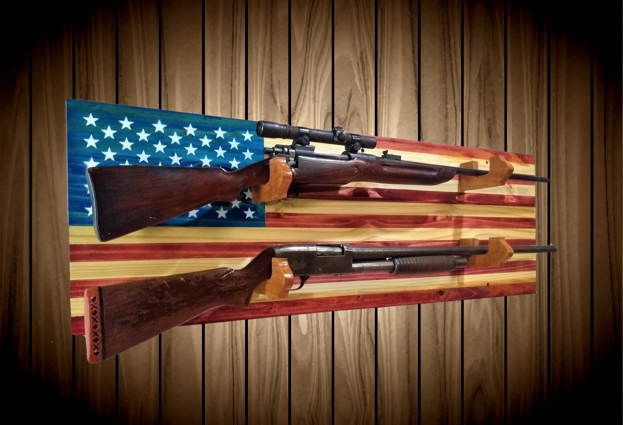 2 Place American Flag Gun Rack Knotty Pine Rifle Shotgun Handmade ...