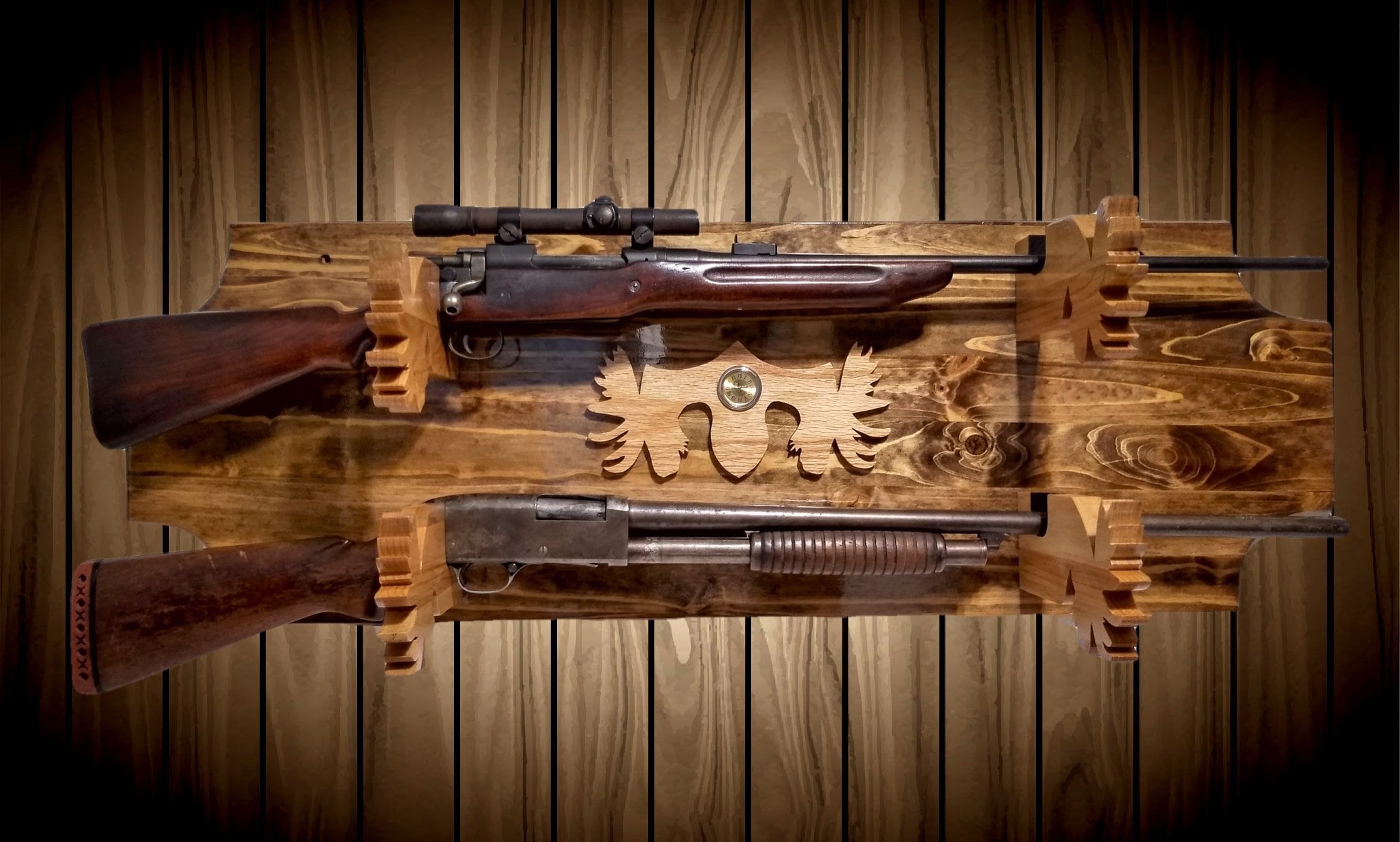 2 Place Knotty Pine Gun Rack Wall Mount Moose Holders and Decor Shotgun ...