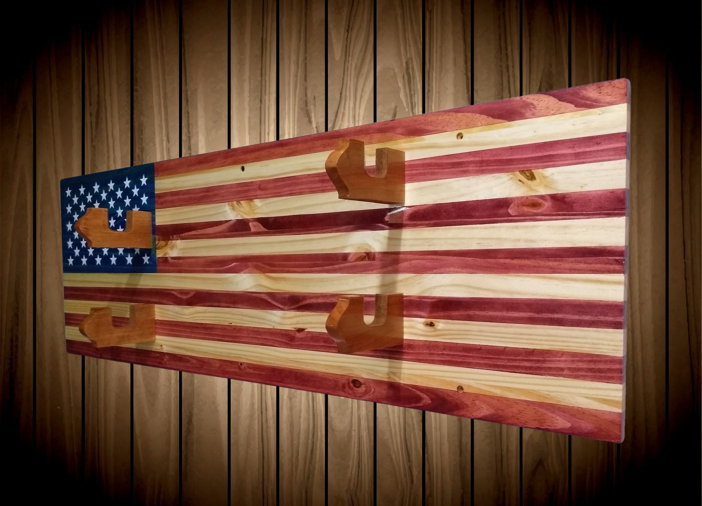 2 Place American Flag Gun Rack Knotty Pine Rifle Shotgun Handmade ...