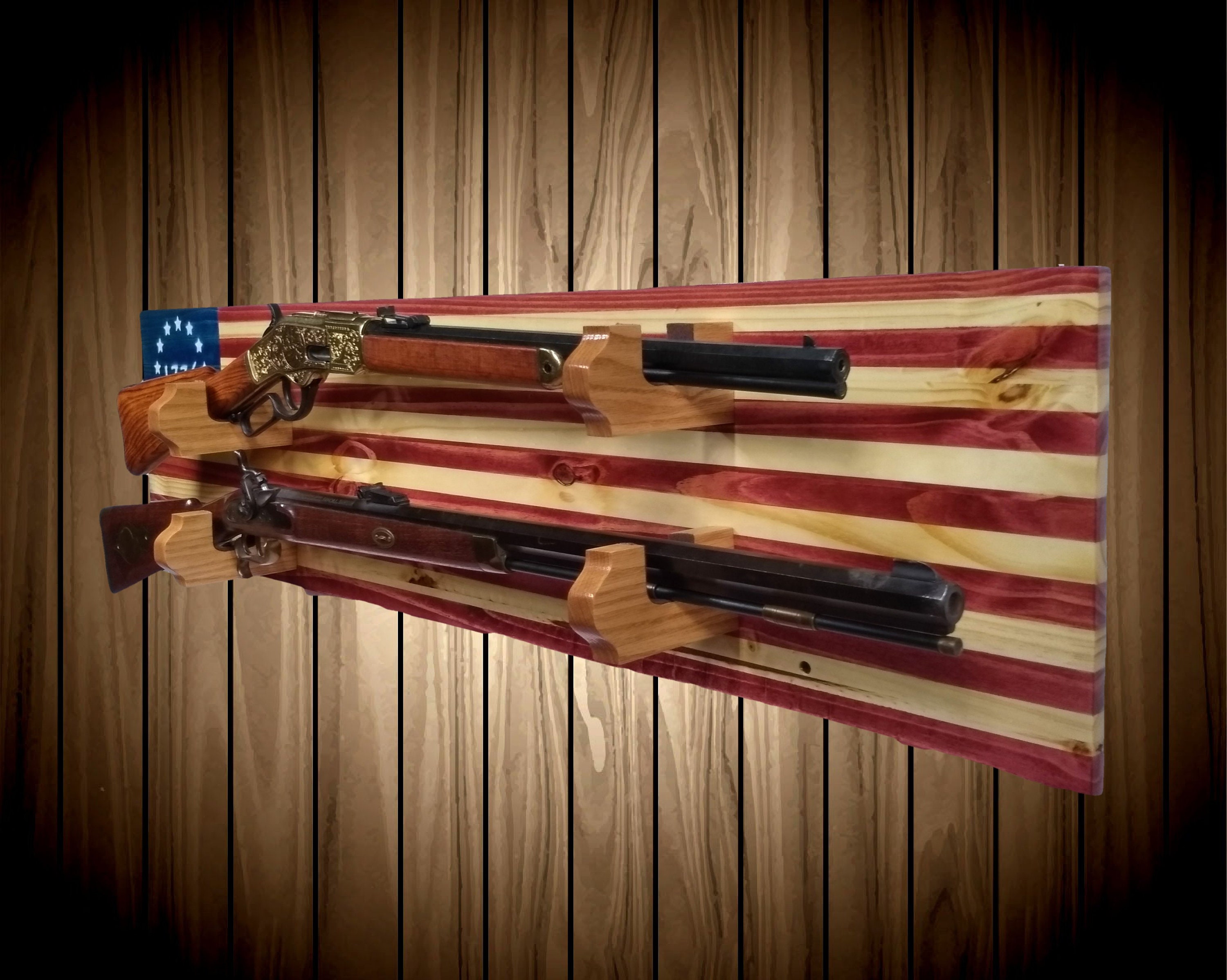 Rustic 1776 American Flag Gun Rack, Wall Mount, Knotty Pine, Rifle ...
