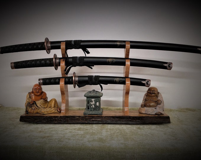 Rustic 3 Tier Live Edge Oak Sword Display Mantel Desk Top Japanese ...