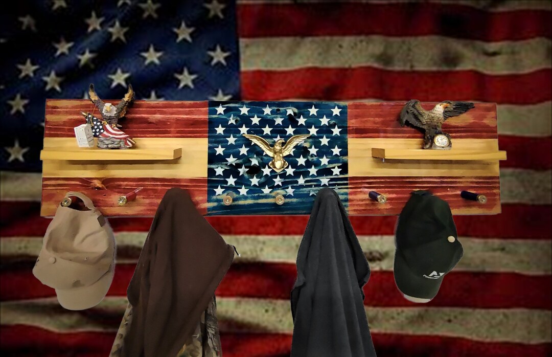 Old Glory Rustic Flag Coat Rack Shelf Wall Hanging Shotgun Shell Pegs ...