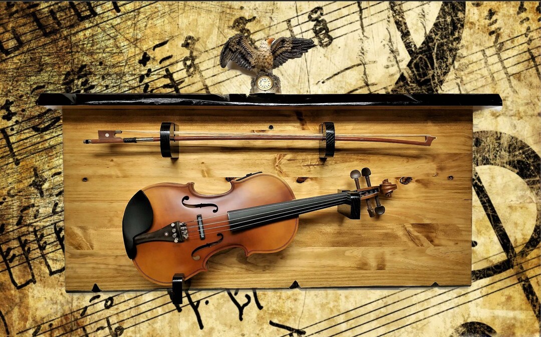 RUSTIC VIOLIN FIDDLE Wall Display With Shelf, Knotty Pine Black Hangers ...