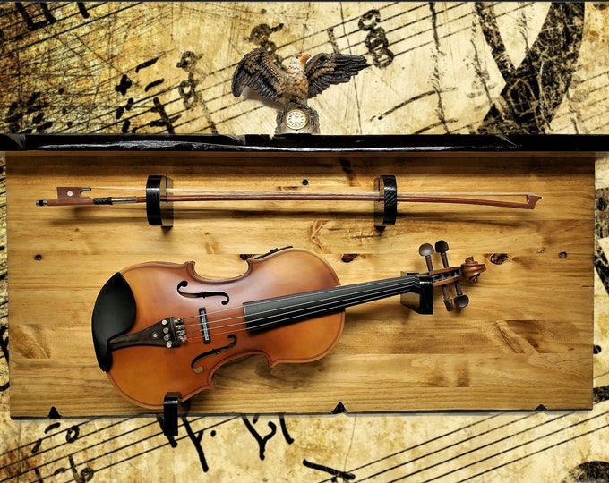 RUSTIC VIOLIN FIDDLE Wall Display With Shelf, Knotty Pine Black Hangers ...