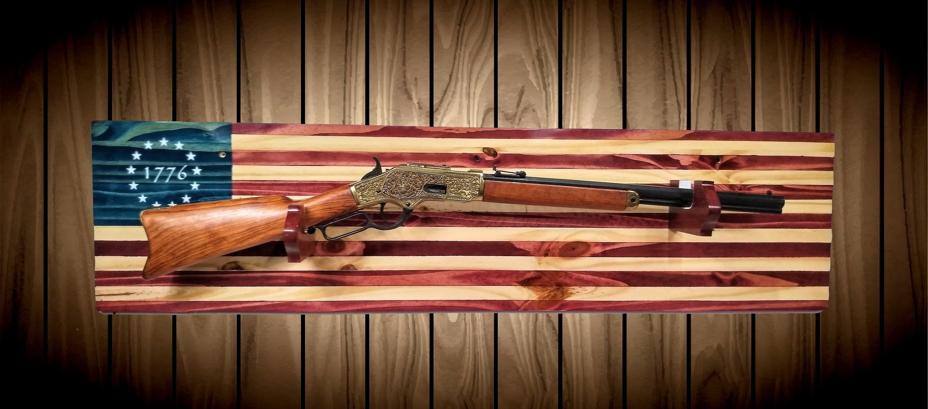 Patriotic 1776 American Flag Gun Rack Knotty Pine Wall Mount Rifle ...