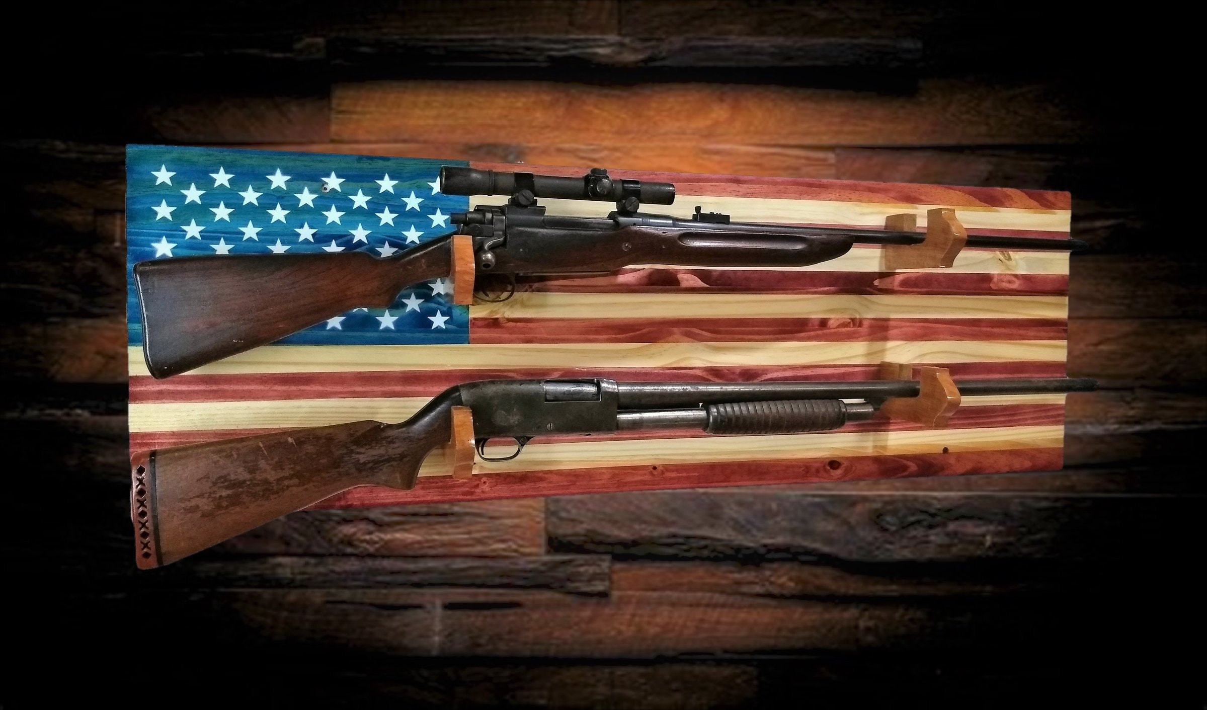 2 Place American Flag Gun Rack Knotty Pine Rifle Shotgun Handmade ...