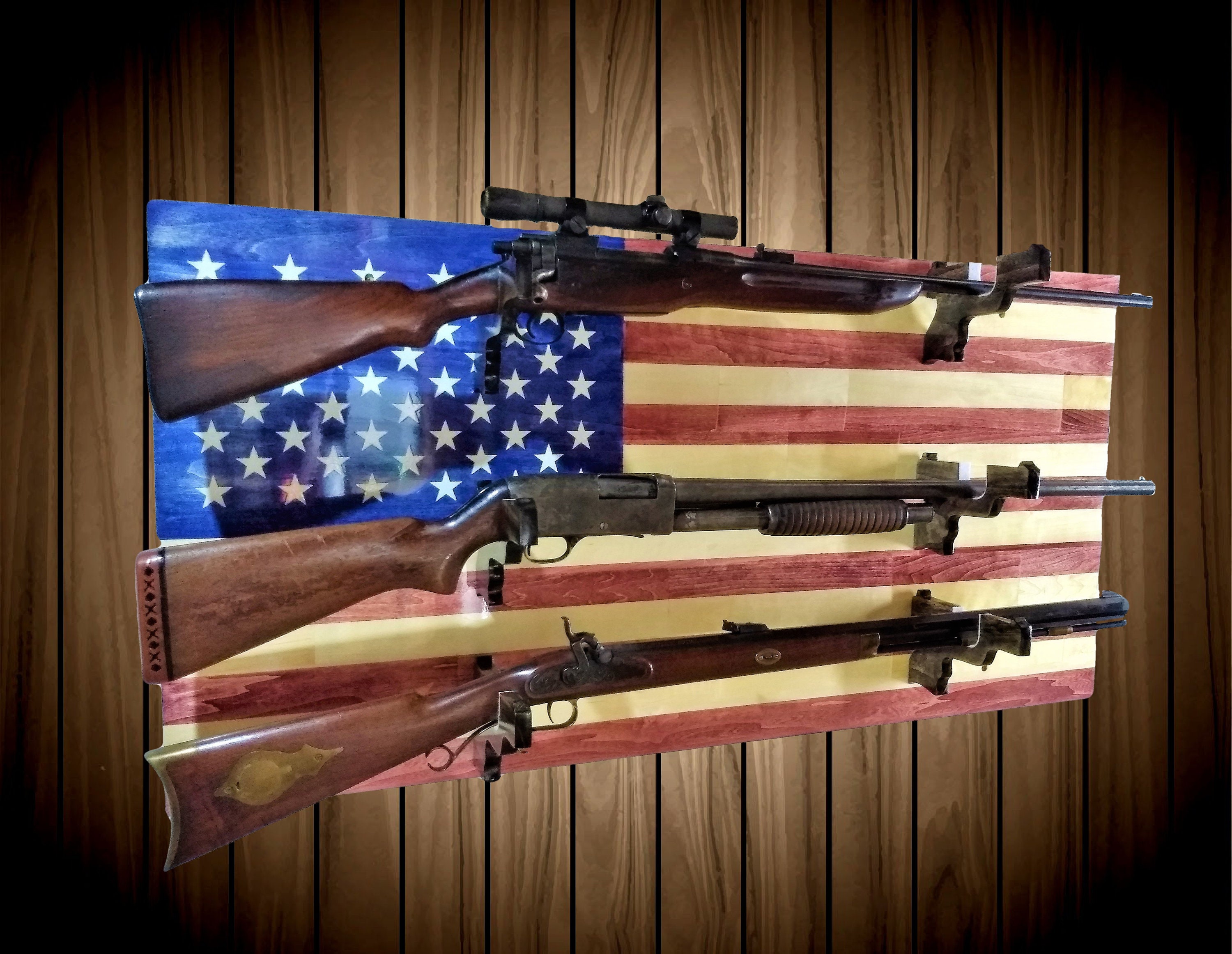 American Flag Patriotic 3 Gun Rack Pistol Hangers Aspen Wood Wall Mount ...