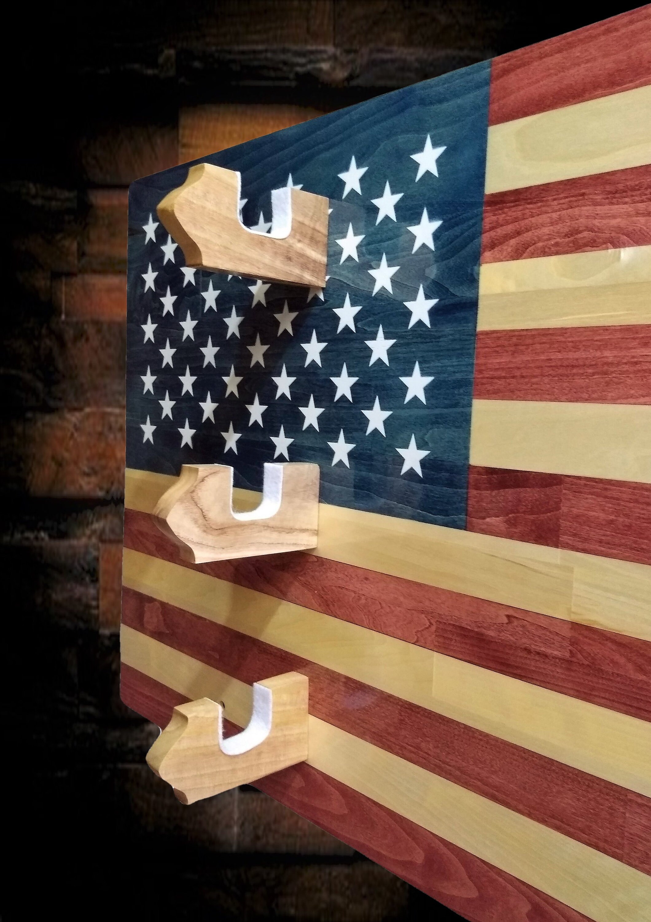 American Flag Gun Rack 3 Place Aspen Wood Wall Mount Rifle Shotgun ...