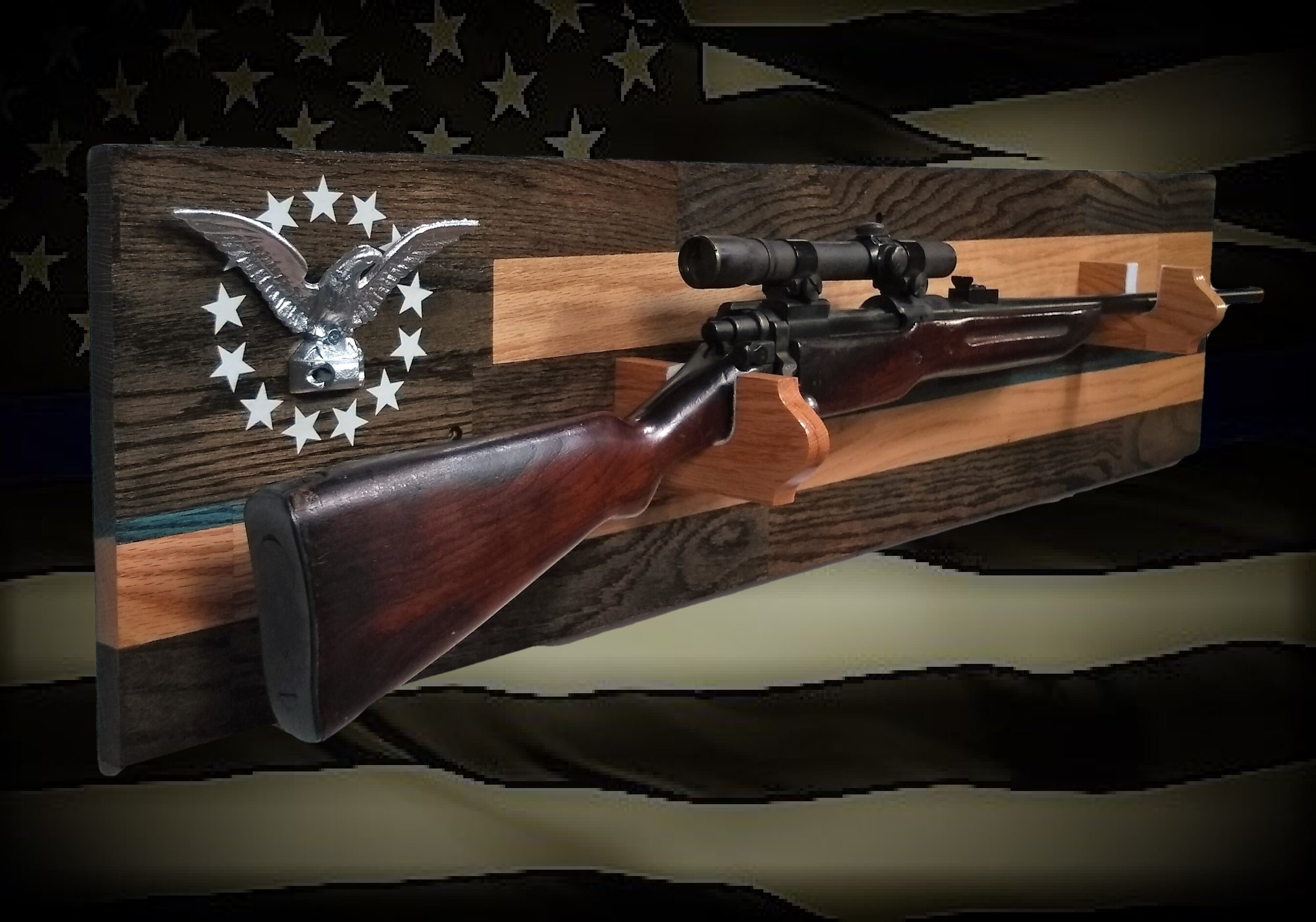 Rustic Oak Thin Blue Line Gun Rack Silver Eagle Wall Mount Rifle ...