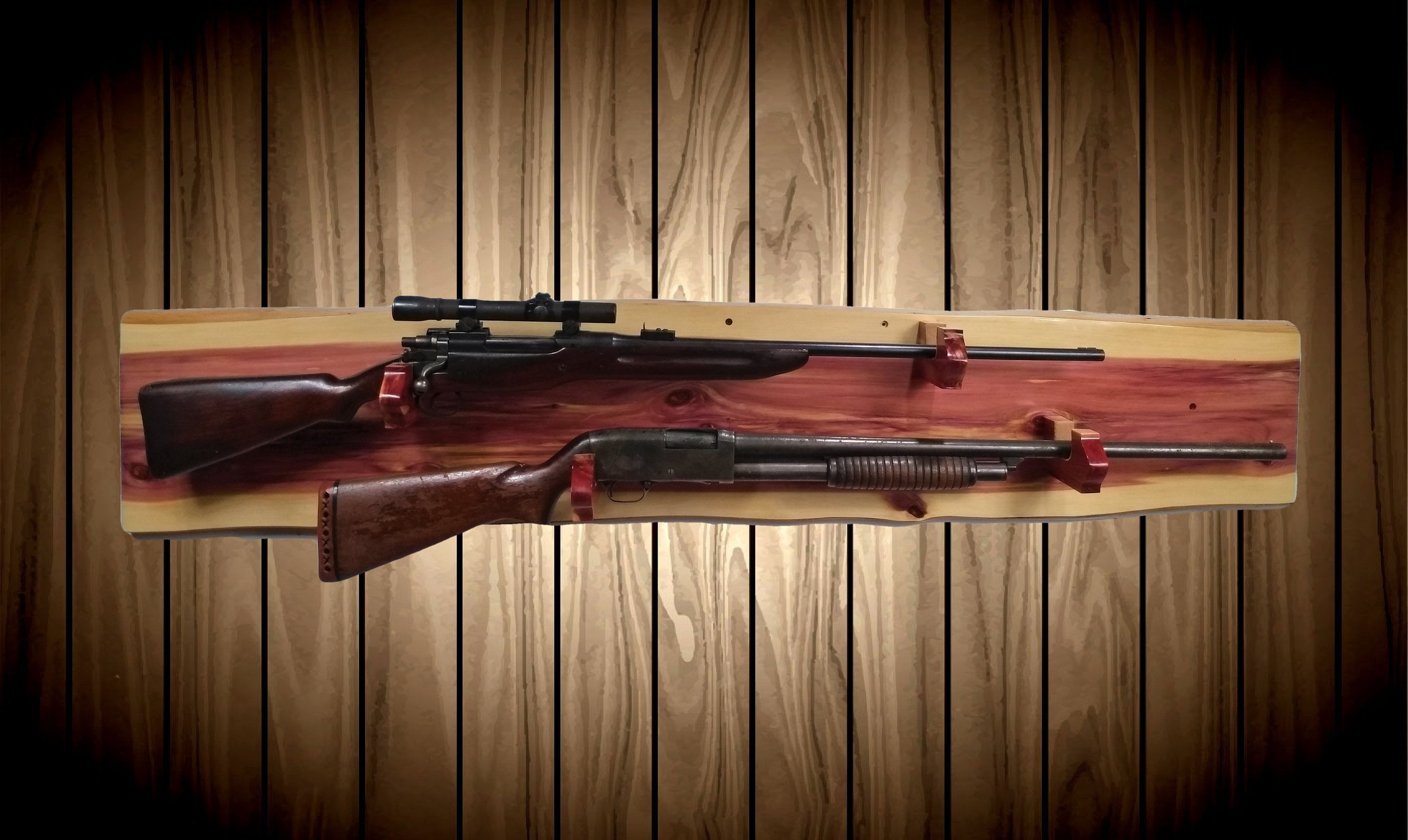 Rustic Red 2 Place Gun Rack, Wall Mount, Live Edge Knotty Cedar, Rifle ...
