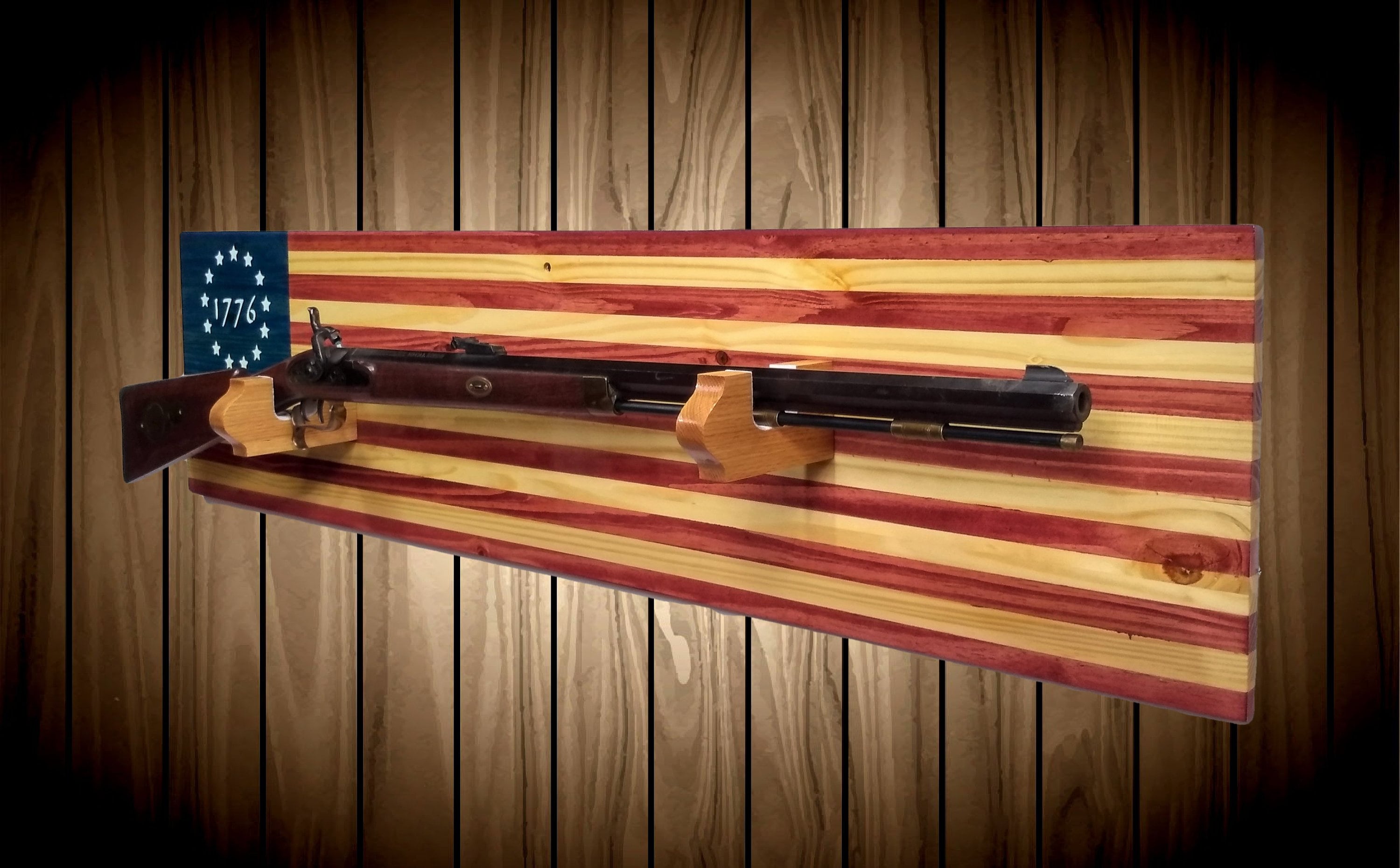 Betsy Ross 1776 American Flag Gun Rack, Knotty Pine Wall Mount, Rifle ...