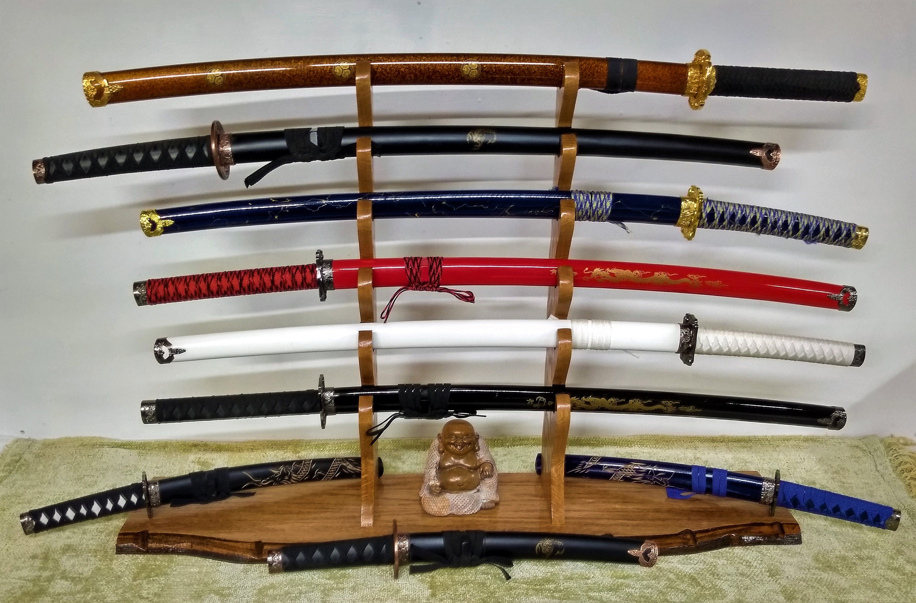 6 Tier Rustic Oak Sword Display Stand Mantel Desk Top Japanese Samurai ...