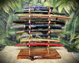 Large 9-tier Katana Wakizashi Sword Stand Swamp Oak Maple Display Dojo ...