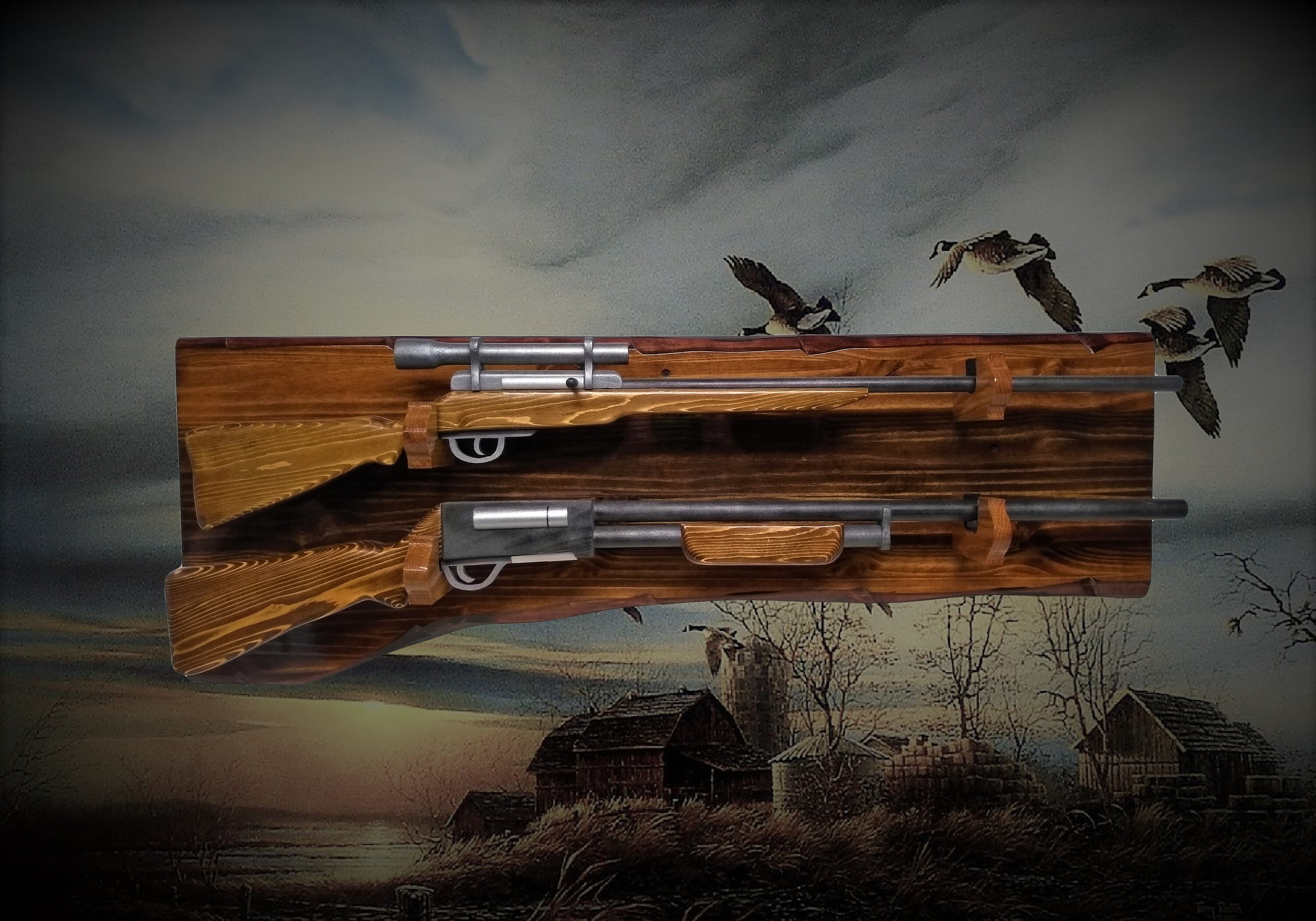 Rustic 2 Place Gun Rack Knotty Pine Wall Mount Rifle Shotgun Display ...