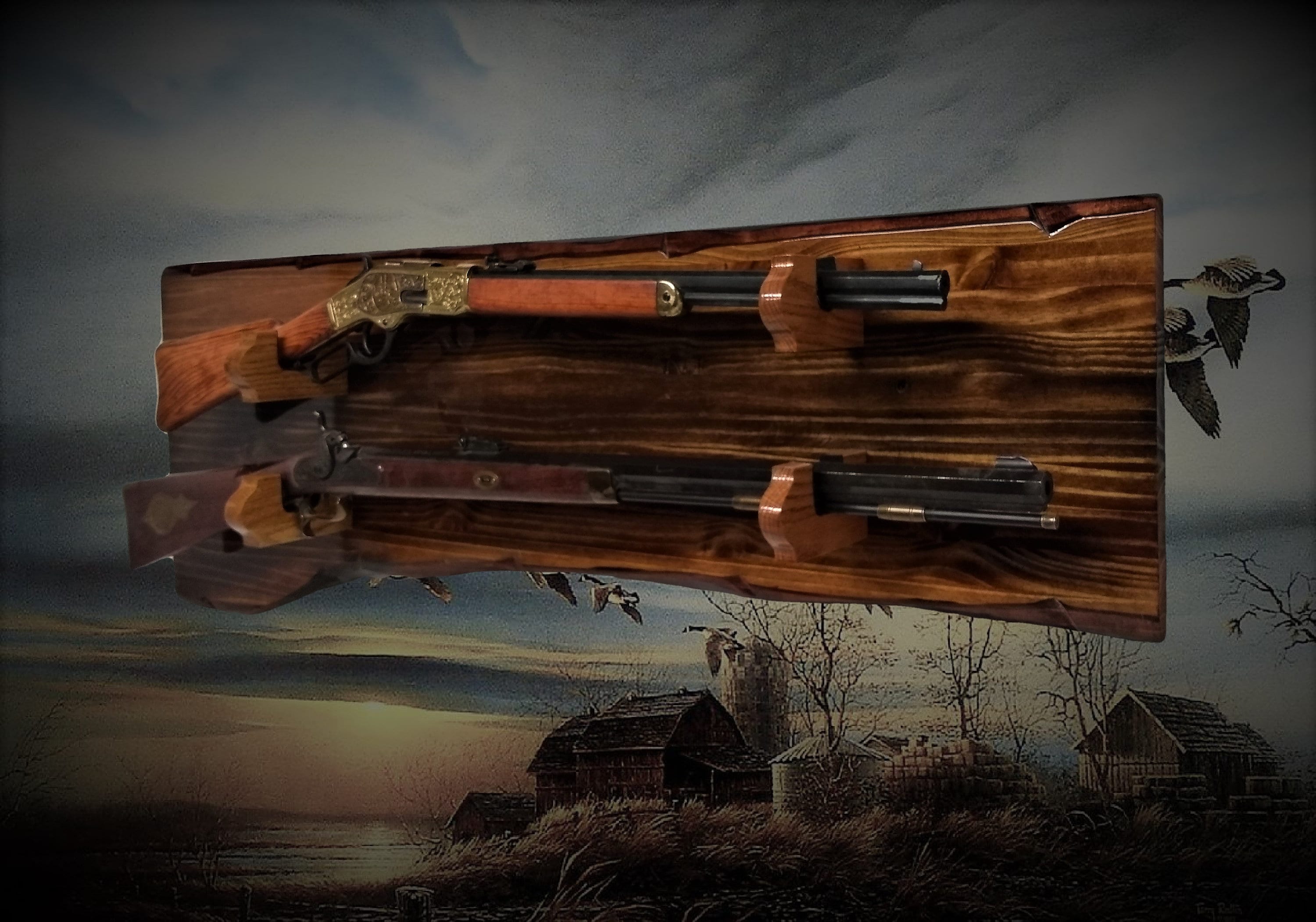 Rustic 2 Place Gun Rack Knotty Pine Wall Mount Rifle Shotgun Display ...