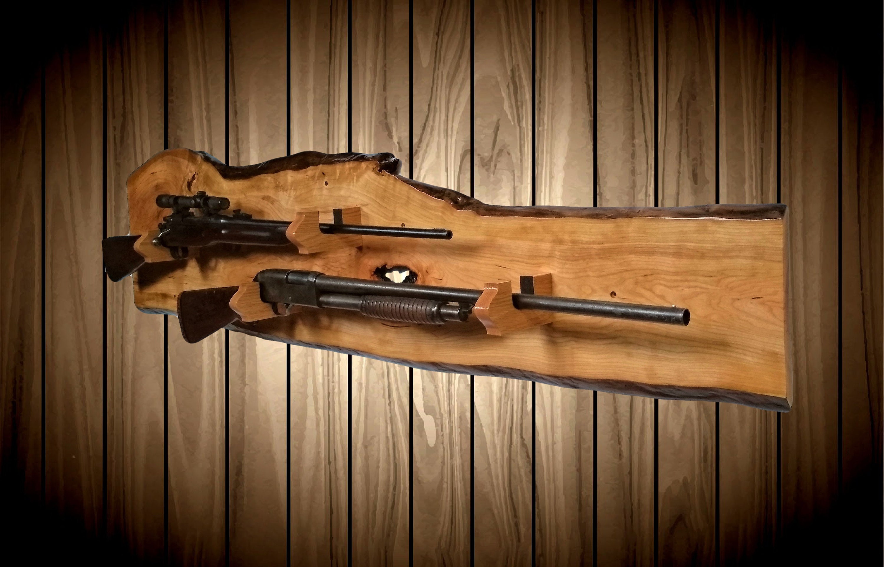 Live Edge Wild Cherry 2 Place Gun Rack, Beautiful Character, Wall Mount ...