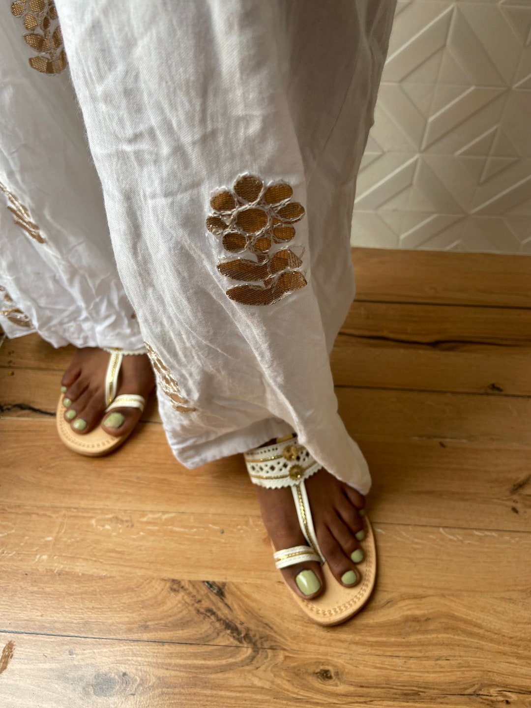 White and Gold Kolhapuri Sandals, Womens Block Heel, Gifts for Her - Etsy