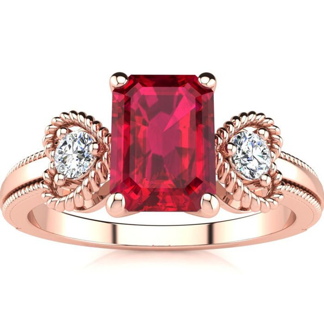 10 Karat Rose Gold 1 Carat Emerald Cut Ruby and Two Diamond Heart Ring ...